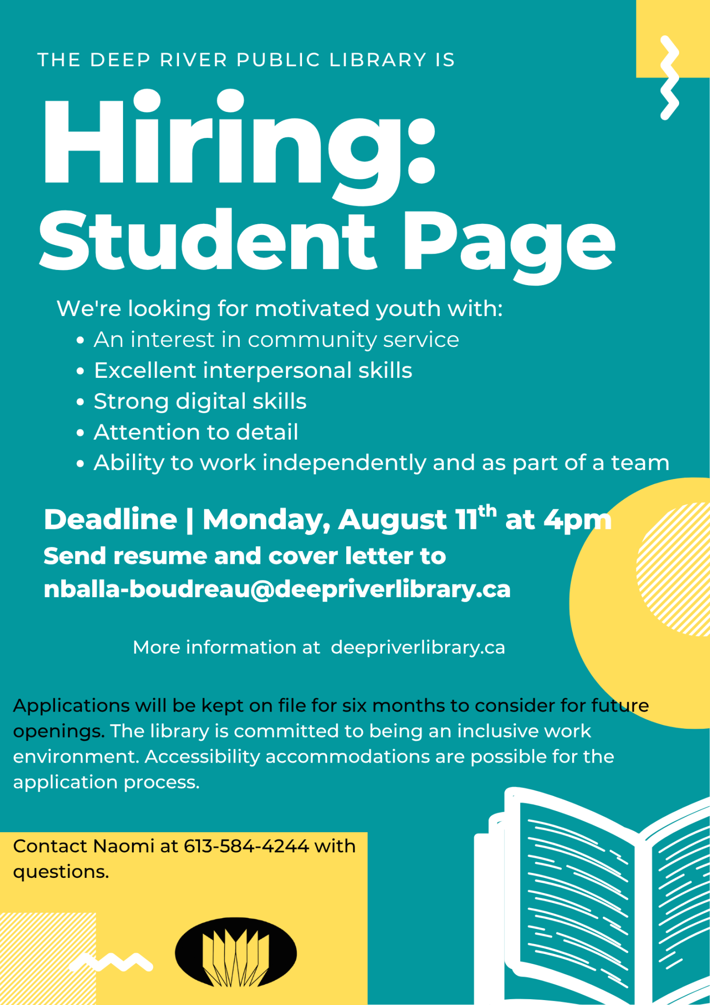 We are hiring! Student Page – Deep River Public Library